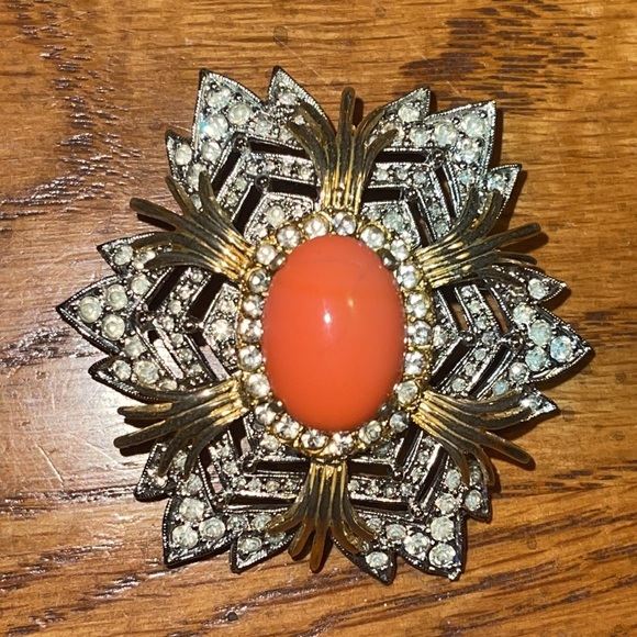 Polcini | Jewelry | Art Deco Polcini Coral Cabochon Crystal Brooch ...